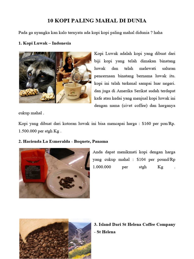 10 Kopi Termahal di Dunia | PDF | Memasak, Makanan, & Anggur
