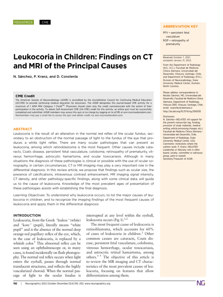 Leukocoria Imaging in Pediatrics | PDF | Vision | Diseases And Disorders