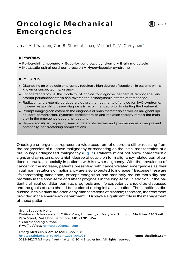 Oncologic Mechanical Emergencies 2014 Emergency Medicine Clinics of ...