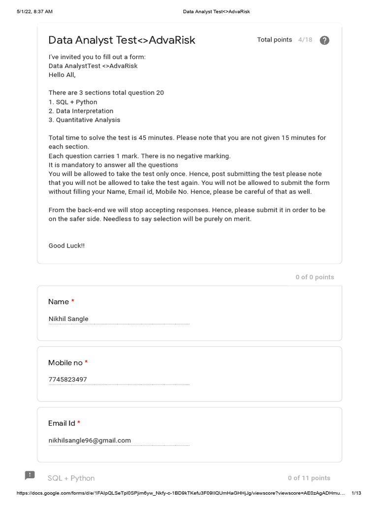 Data Analyst Test - AdvaRisk | PDF | Data Analysis | Information ...