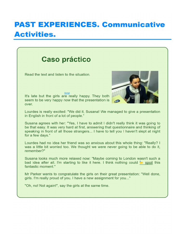 PAST EXPERIENCES. Communicative Activities. | PDF