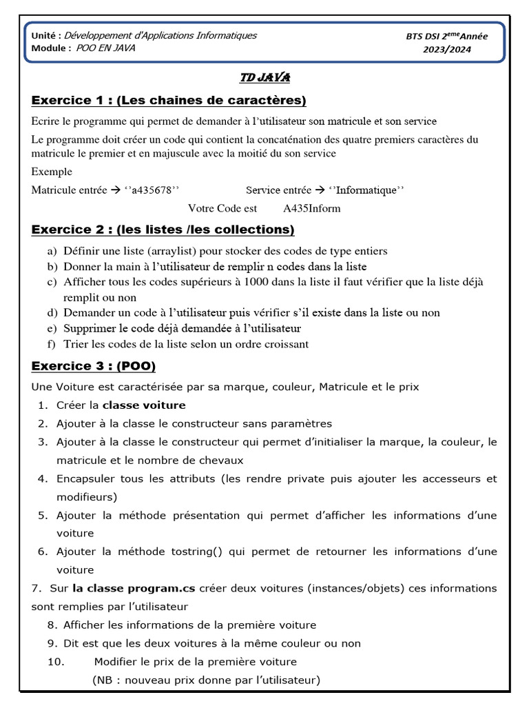 Exercices POO en Java pour BTS DSI 2ème Année | PDF | Java (Langage de programmation ...