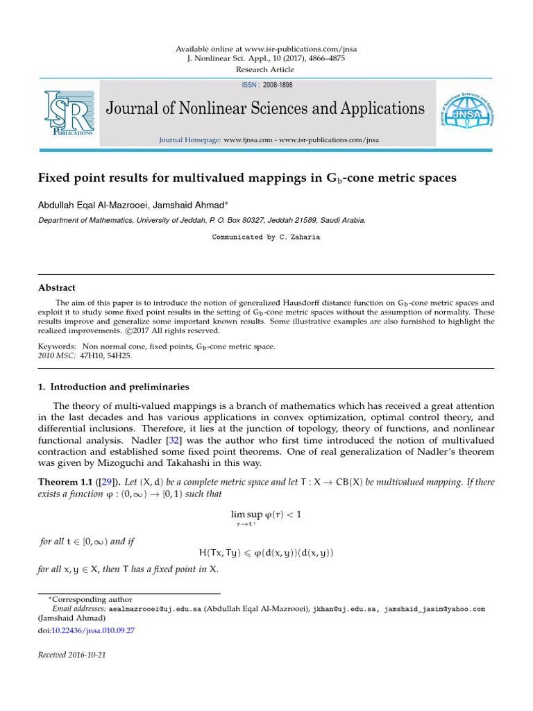 Fixed Point Results For Multivalued Mappings in Mathbf G Bcone Metric Spaces | PDF | Sequence ...