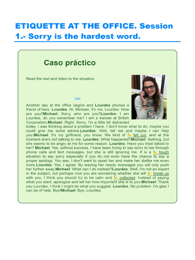 ETIQUETTE AT THE OFFICE. Session 1. - Sorry Is The Hardest Word. | PDF