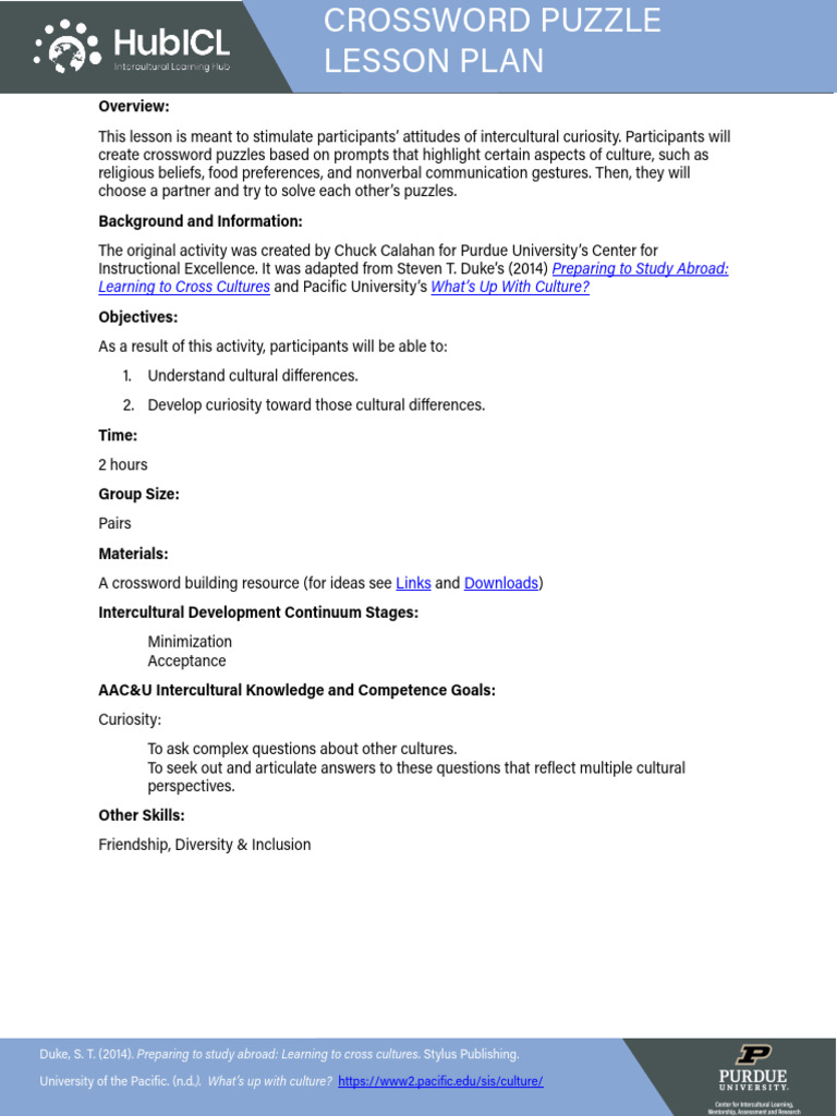 Intercultural Crossword Puzzle Lesson Plan | PDF | Cross Cultural ...