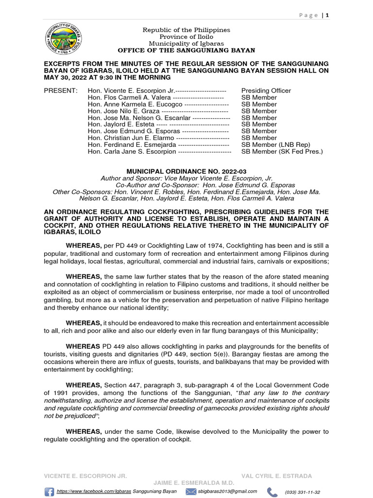Municipal Ordinance No. 2022-03 (Cockfighting) | PDF
