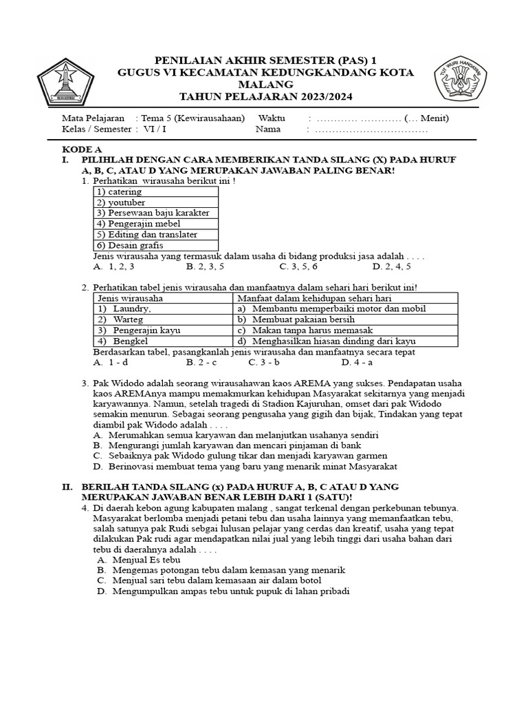 SOAL PAS TEMA 5 Kelas 6 | PDF