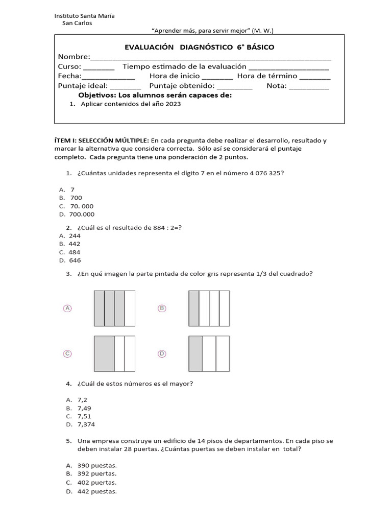 Prueba Diagnóstico 6to 2024 | PDF