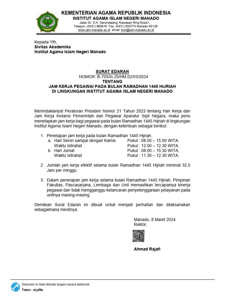 Edaran Jam Masuk Kerja Bulan Ramadhan | PDF