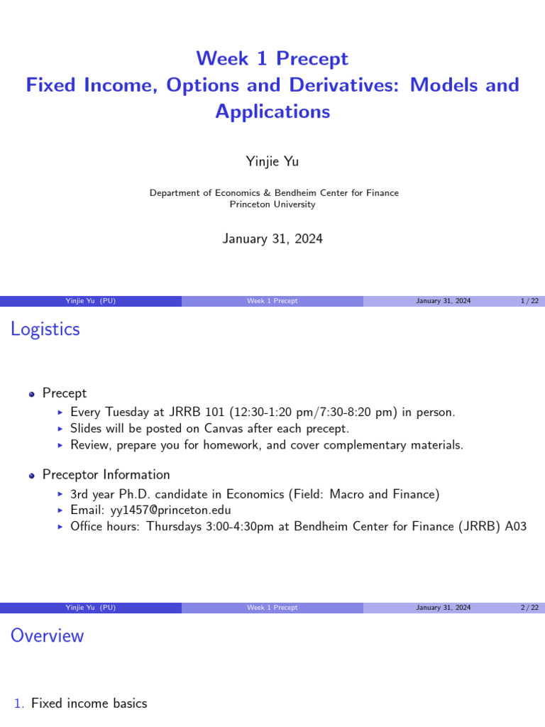 Week 1 Precept Fixed Income, Options and Derivatives: Models and Applications | PDF | Bond ...