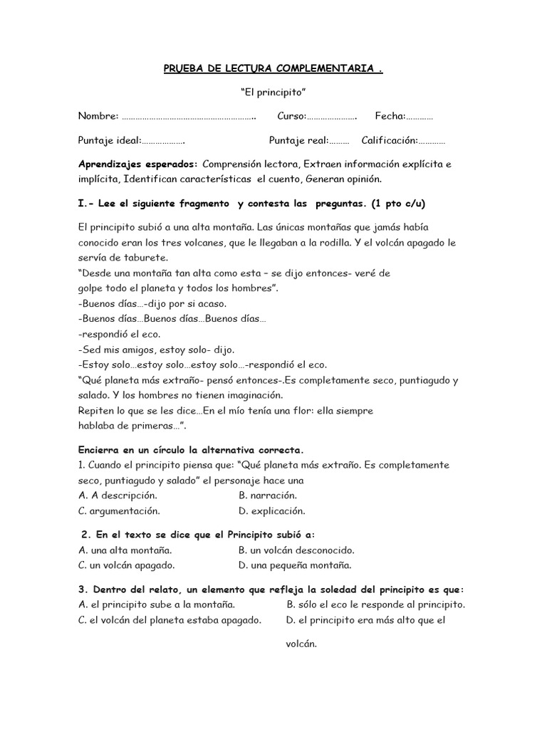 5°PRUEBA DE LECTURA COMPLEMENTARIA DE 5° El Principito | PDF | El Principito