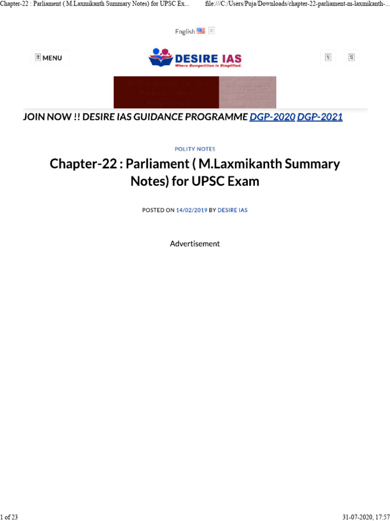 Chapter-22 - Parliament (M.laxmikanth Summary Notes) For UPSC Exam ...