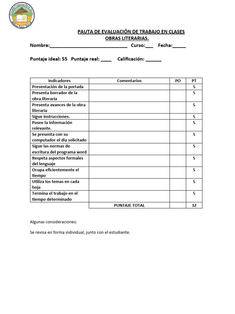 PAUTA PARA EVALUAR TRABAJO EN CLASE | PDF