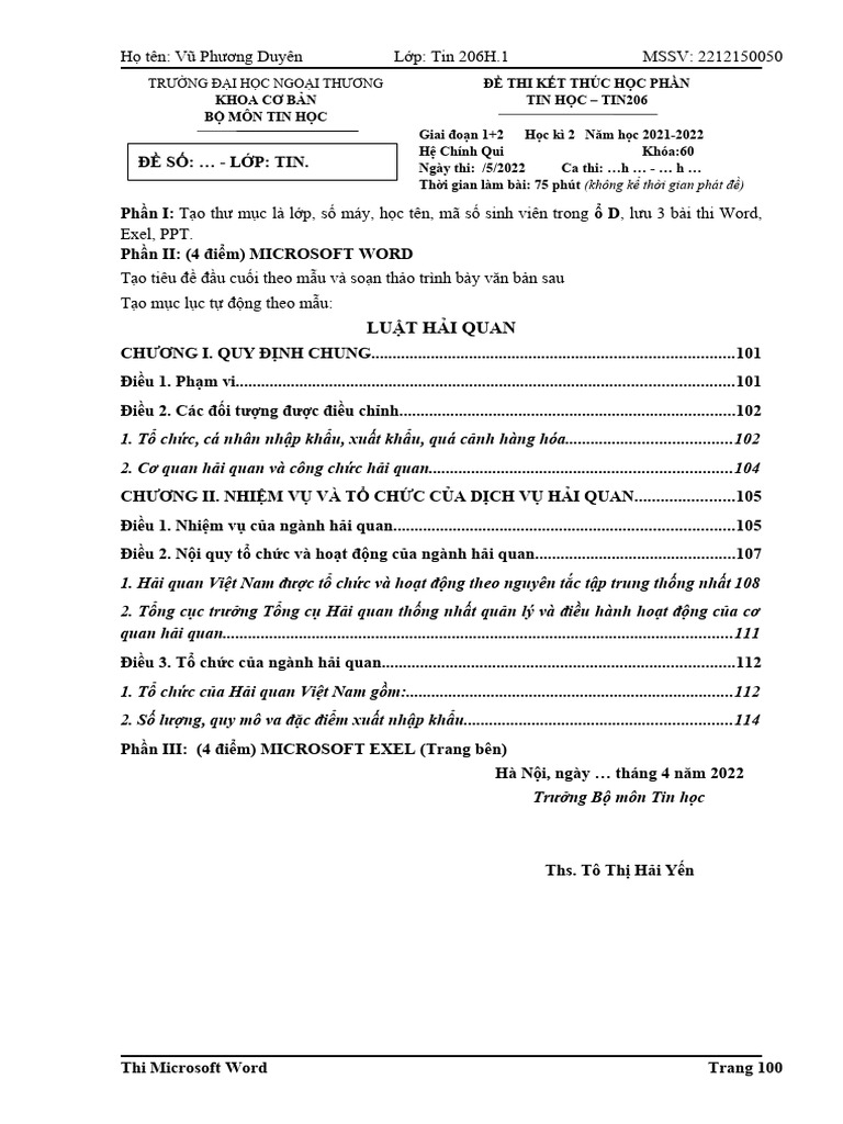 Họ tên: Vũ Phương Duyên Lớp: Tin 206H.1 MSSV: 2212150050 | PDF