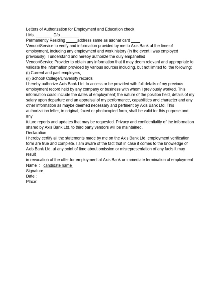 Letter of Authorization For Employment and Education Check | PDF