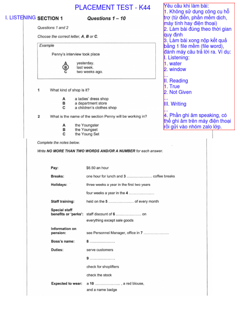 Placement Test - Listening + Reading | PDF