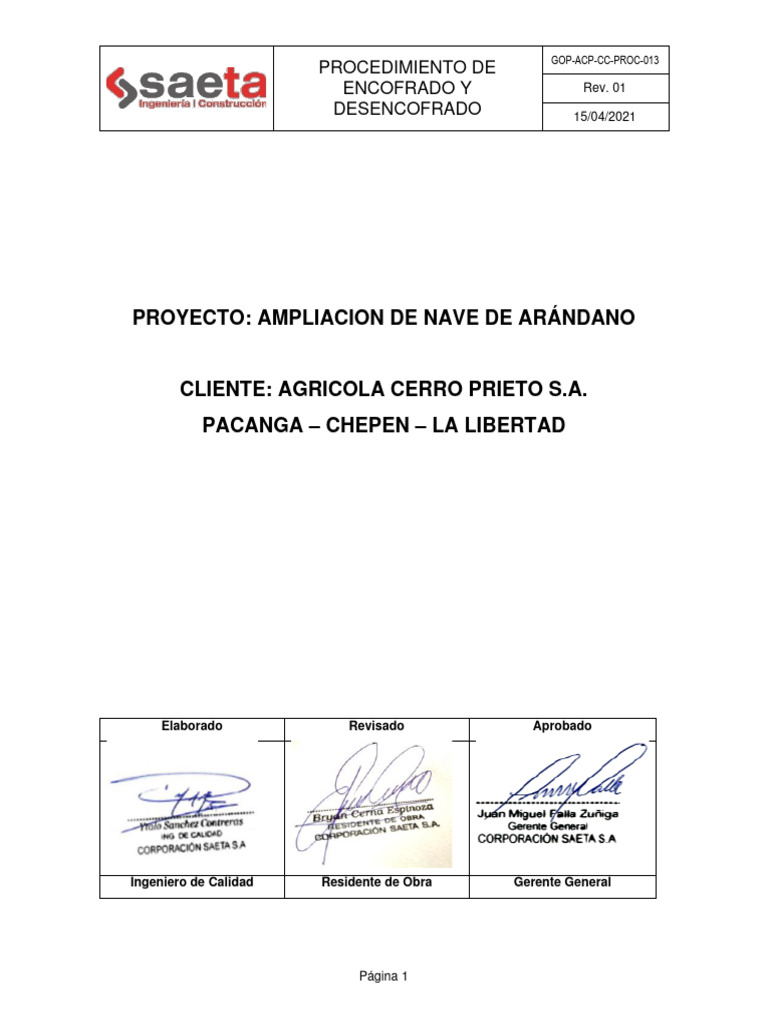 13.GOP-ACP-CC-PROC-013 Procedimiento de Encofrado y Desencofrado | PDF ...
