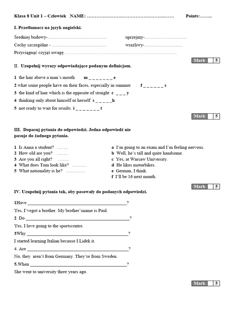 Klasa 8 Unit 1 Człowiek | PDF