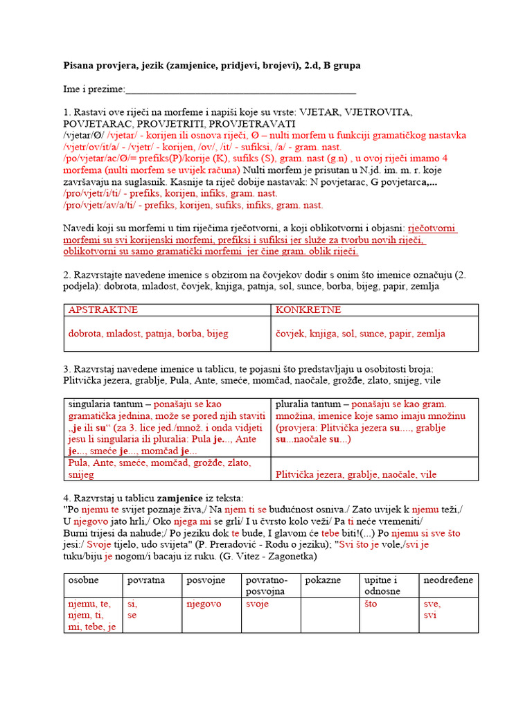 Riješena Pisana Provjera, Jezik (Zamjenice, Pridjevi, Brojevi), B Grupa | PDF