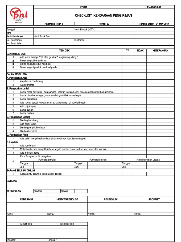 FM-C.6.2-002 Checklist Kebersihan Mobil Box (010517) | PDF