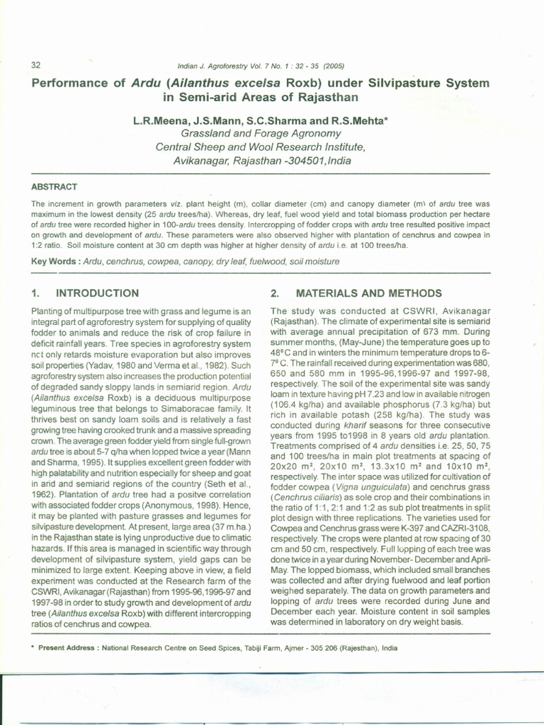 Erfo Ance of Ardu (Ailanthus Under Silvipasture System in Semi-Arid ...