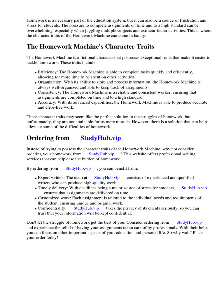 The Homework Machine Character Traits | PDF | Homework | Reading ...