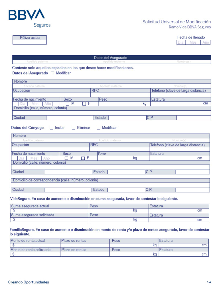 Solicitud Universal Modificacion Poliza Ramo Vida | PDF | Póliza de seguros | Seguro