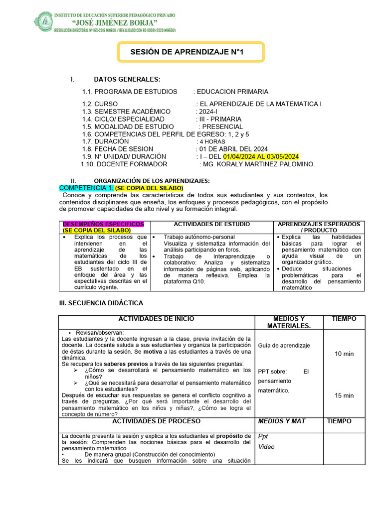 Sesión de Aprendizaje 1 - III Ciclo - APRENDIZAJE DE LA MATEMATICA | Descargar gratis PDF ...