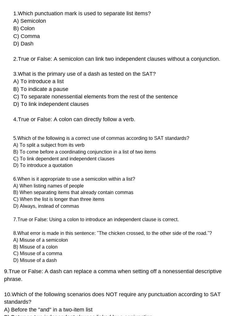 SAT Punctuation Quiz and Rules | PDF