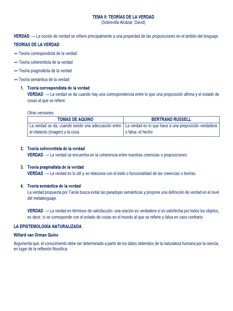 TEMA II Teorías de La Verdad | PDF | Verdad | Teoría