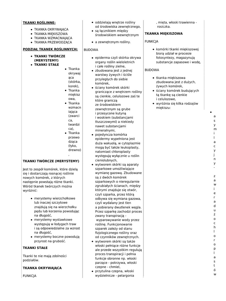 Budowa I Funkcja Tkanek Roslinnych - Sciaga | PDF