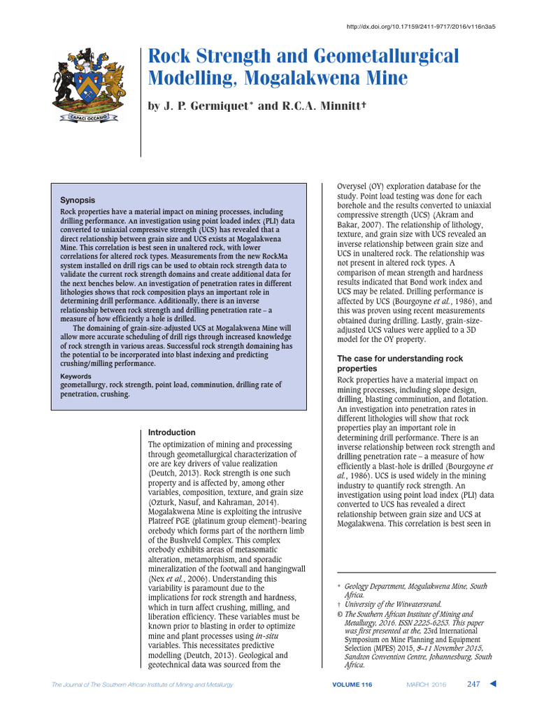 Rock Strength And Geometallurgical Modelling Mogalakwena Mine Pdf Mining Rock Geology