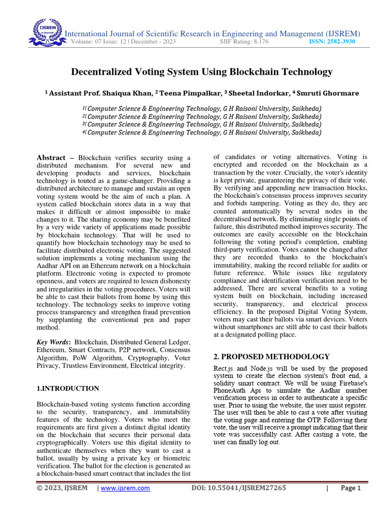 Decentralized Voting System Using Blockchain Technology | PDF | Cryptocurrency | Authentication