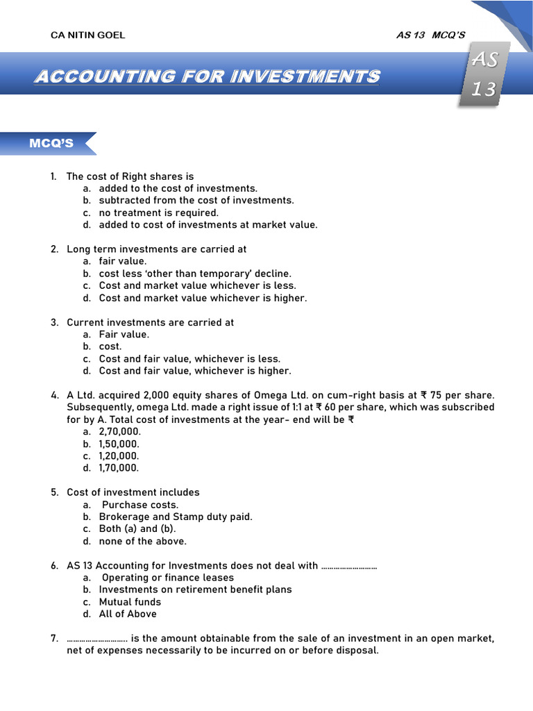 AS 13 Investment Accounting MCQs | PDF | Investing | Dividend