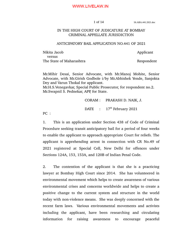 Bombay High Court Nikita Jacob Transit Bail Order 389481 | Download ...