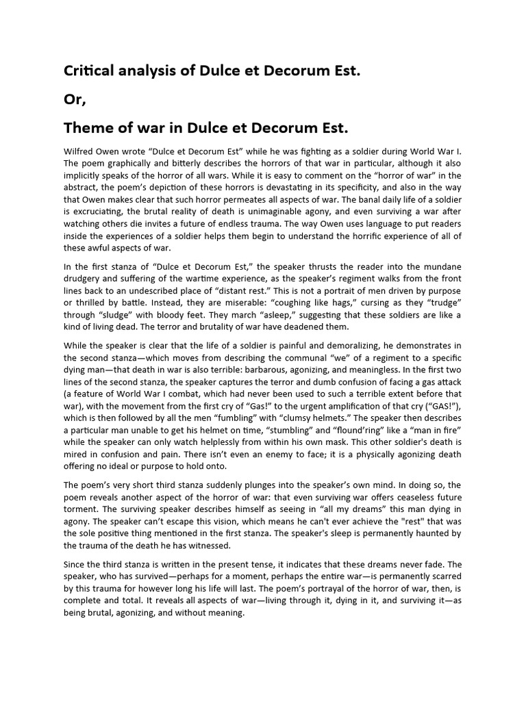 Critical analysis of Dulce et Decorum Est | PDF