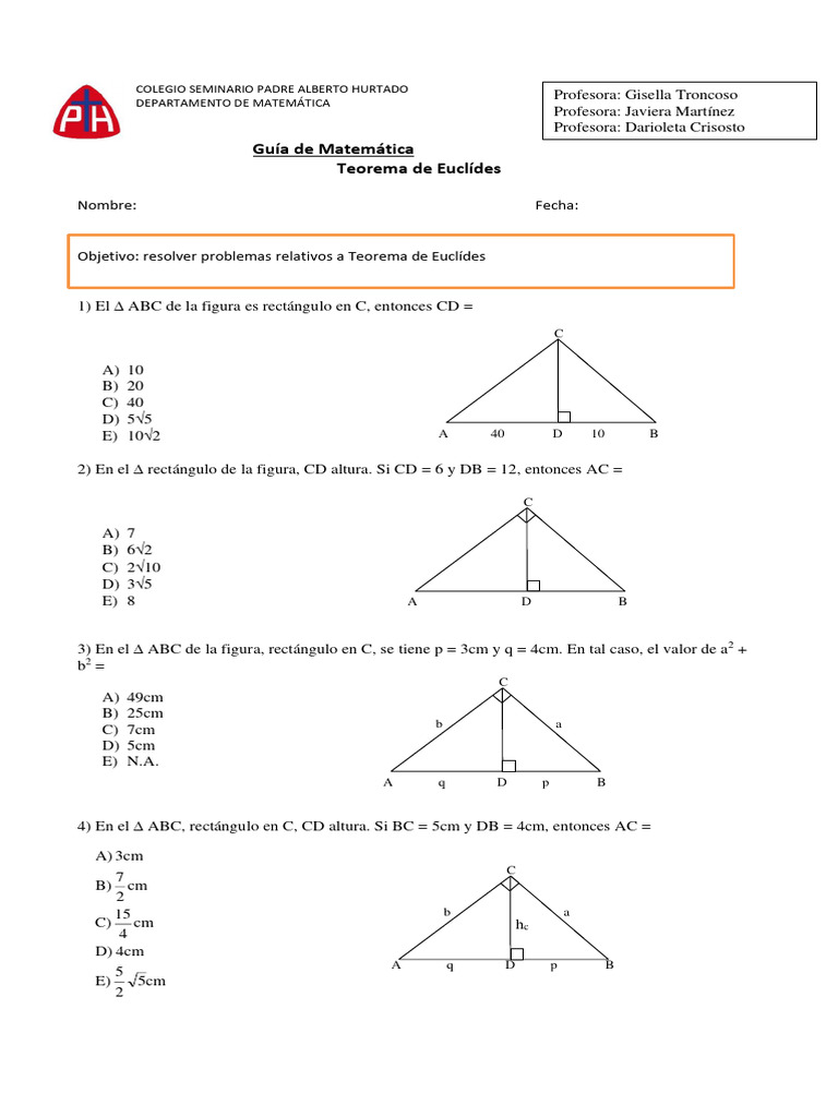 Ejercicios del Teorema de Euclides | PDF | Matemática Elemental | Geometría