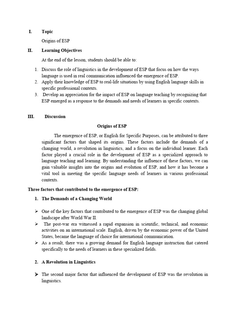 Origins of ESP | Download Free PDF | Learning | Language Education