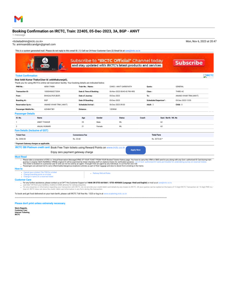 Gmail - Booking Confirmation On IRCTC, Train - 22405, 05-Dec-2023, 3A ...