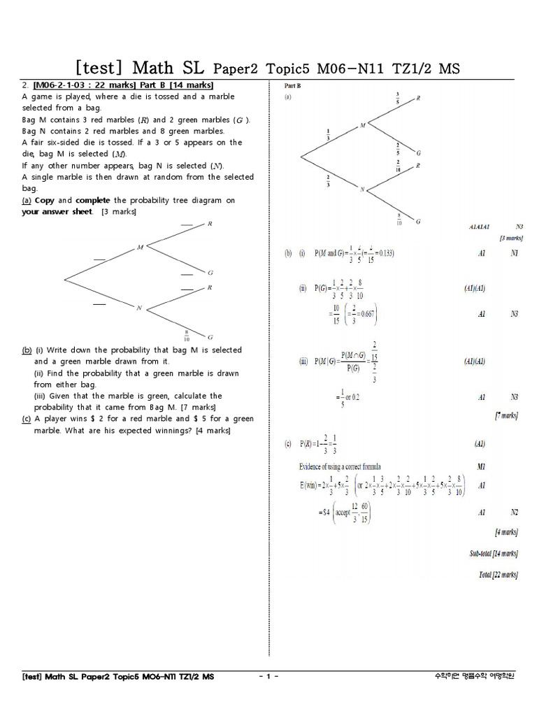 [test] MATH SL P2 0611 T5 MS -Probability | PDF | Statistical Theory ...