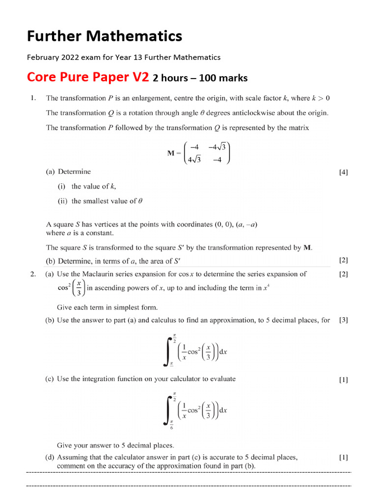 Core Pure 2 Exam Paper - Feb 2022 | PDF | Equations | Mathematical Concepts