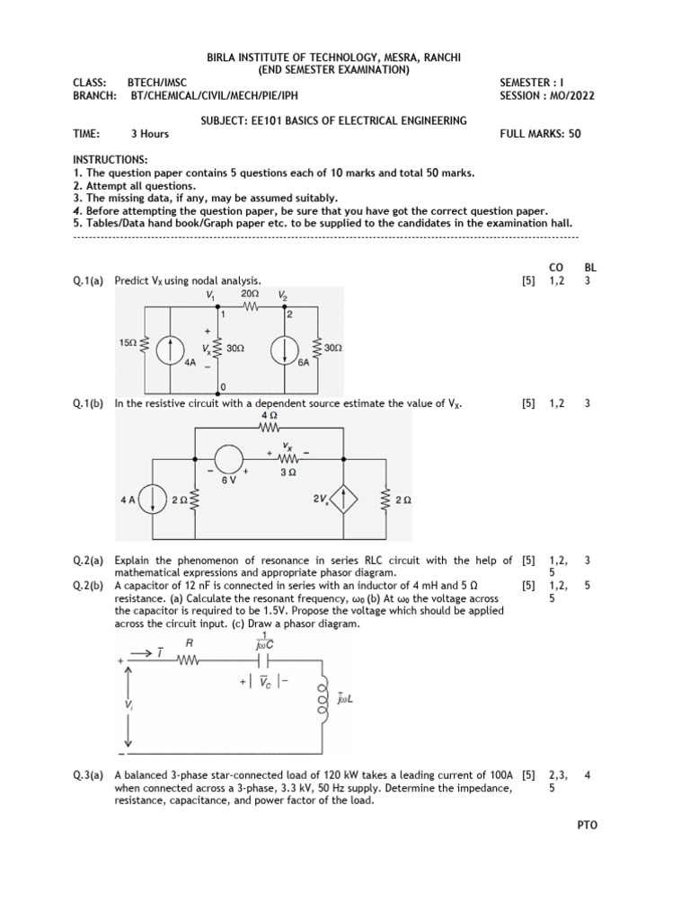 EE101 Basics of Electrical Engineering Exam | PDF | Electrical Network ...