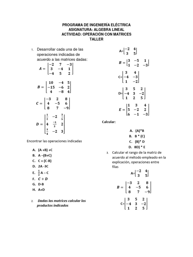 Taller de Álgebra Lineal: Operaciones con Matrices | PDF | Matriz (Matemáticas) | Física Matemática