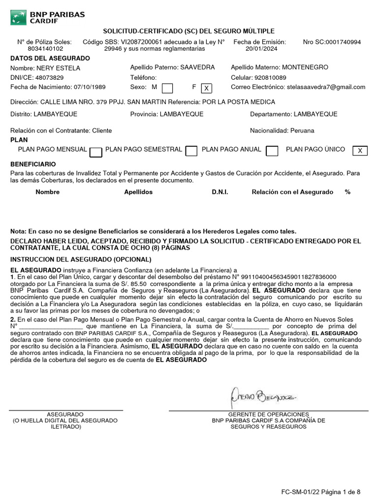 BNP Paribas Cardif S.A Compañía de | PDF | Póliza de seguros | Seguro