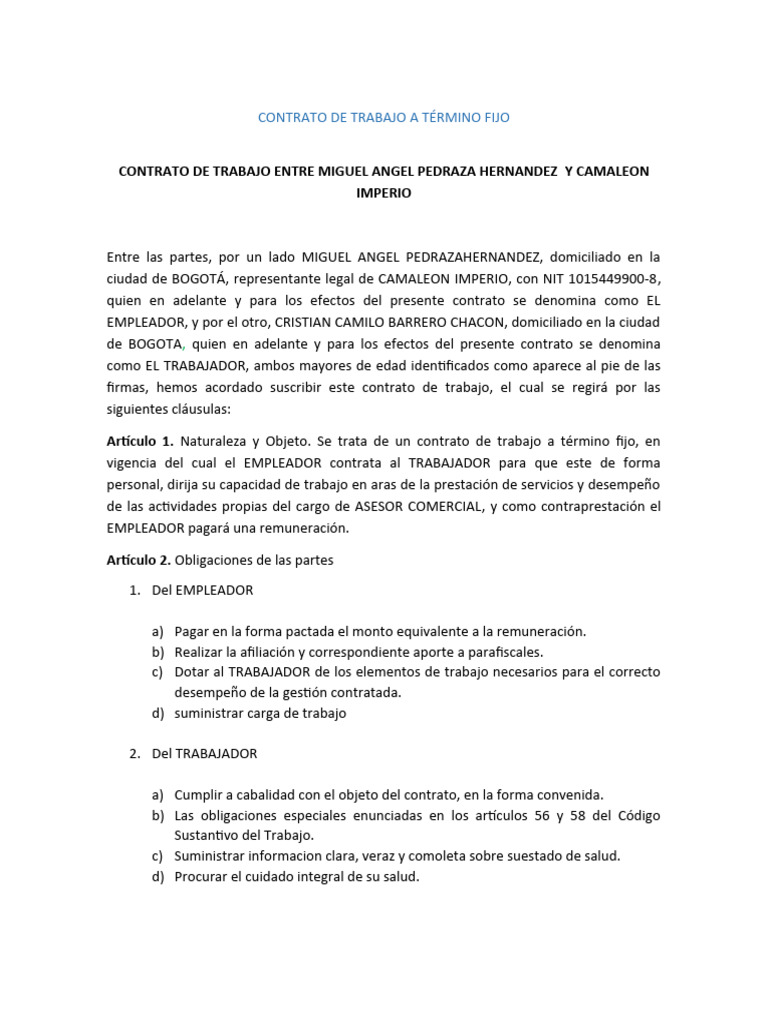 Contrato Termino Fijo Camaleon Imperio. Miguel Pedraza | PDF | Salario ...
