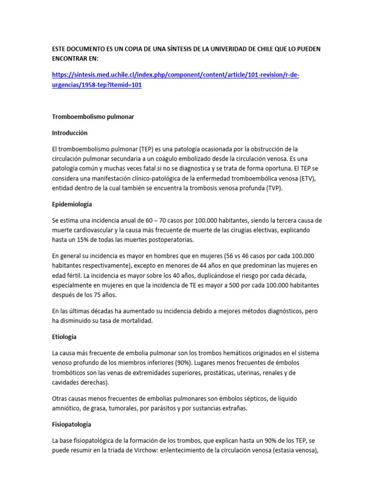 LECTURA TEP | PDF | Trombosis | Diagnostico medico