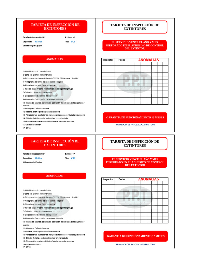 Modelo De Tarjeta De Inspeccion De Extintores Tarjetas Insertos