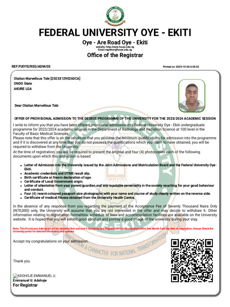 Admission Letter For Olaitan Marvellous Tobi - Federal University Oye ...