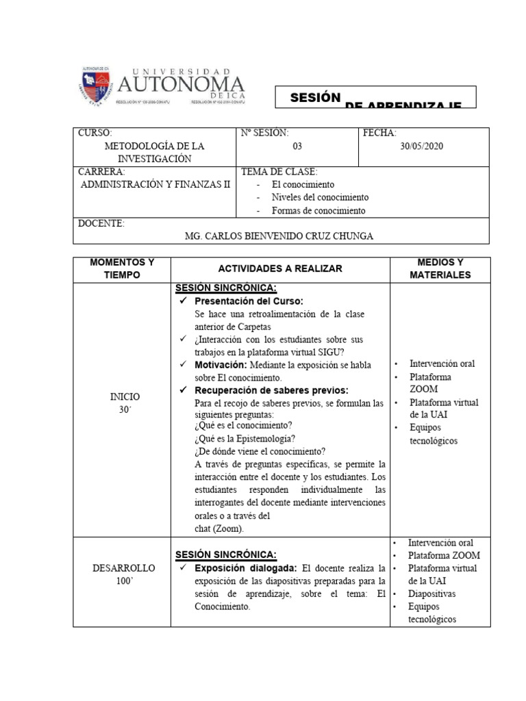 SESIÓN Y RUTA DE APRENDIZAJE N° 03 | PDF | Evaluación | Conocimiento