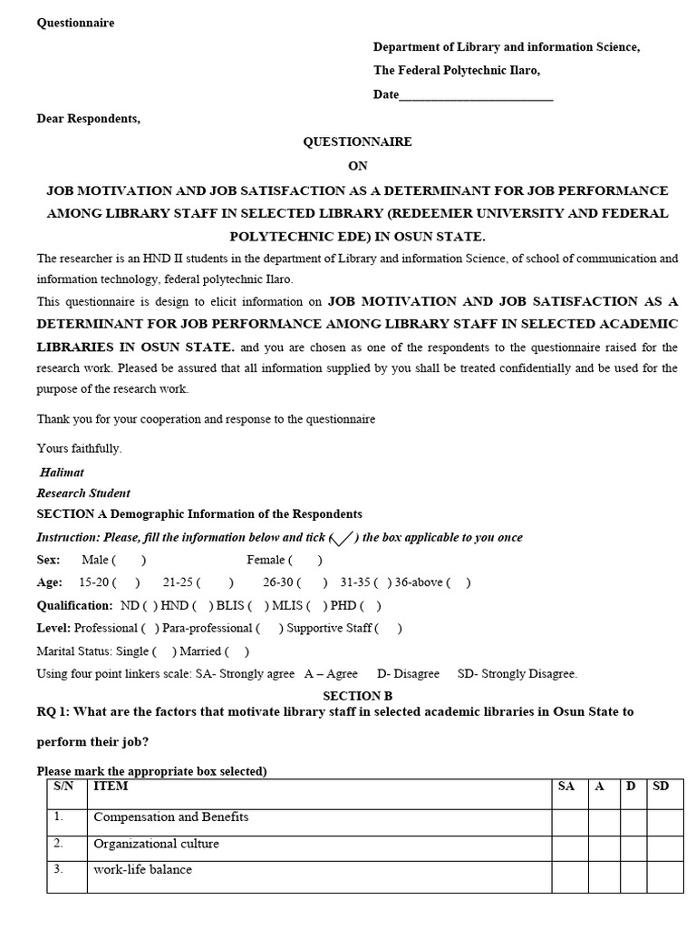 Questionnaire format | PDF | Job Satisfaction | Libraries